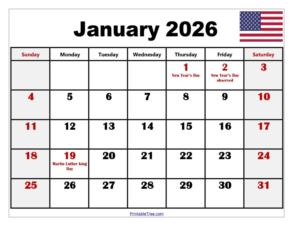 2026 Calendar With Holidays January - Free Printable Calendar