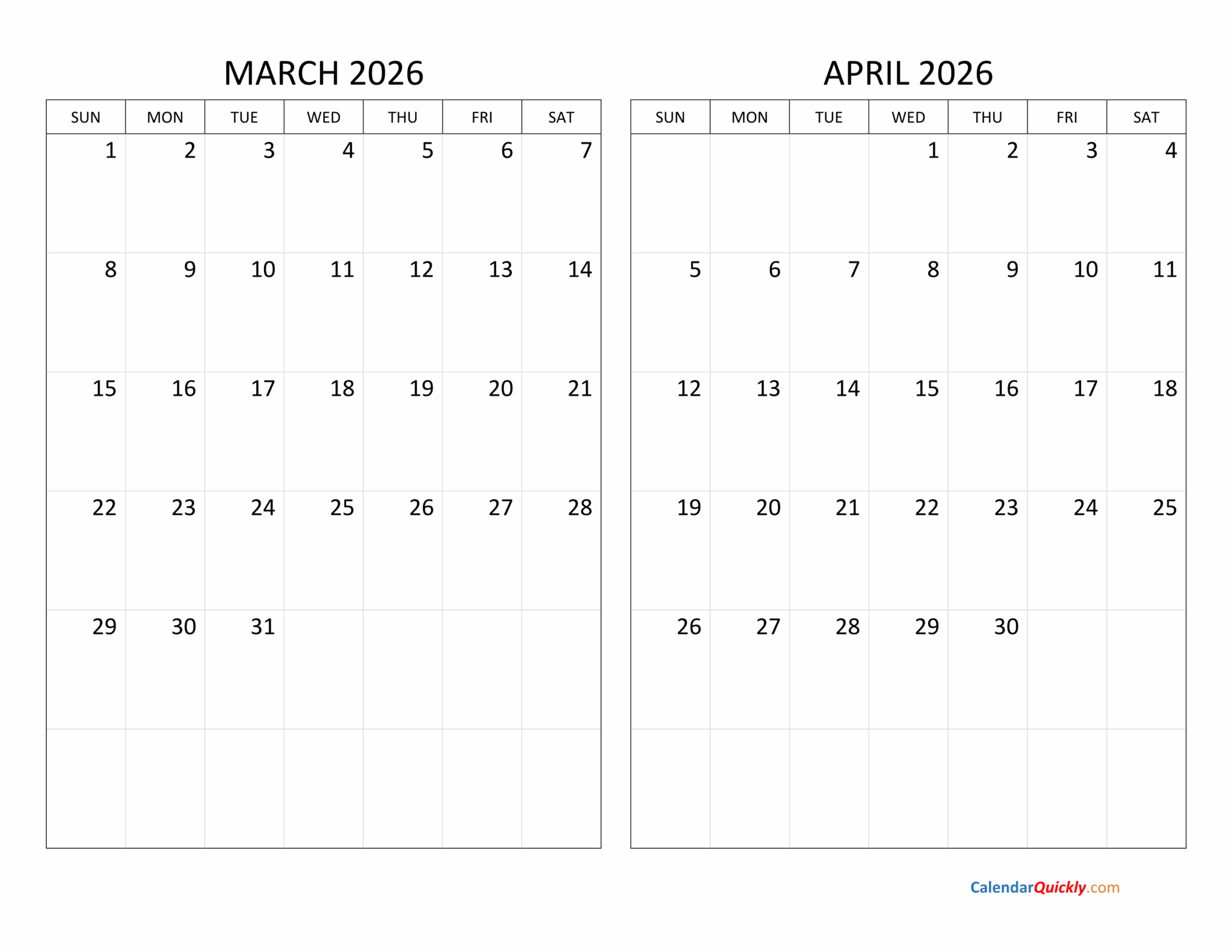 March To April 2026 Calendar - Free Printable Calendar