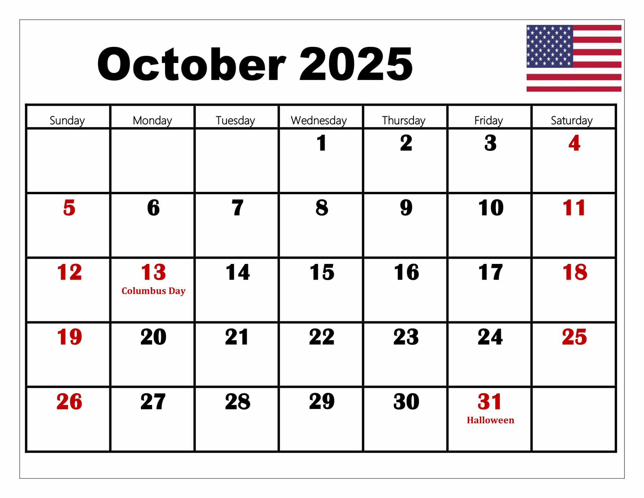October 2025 Calendar With Holidays - Free Printable Calendar